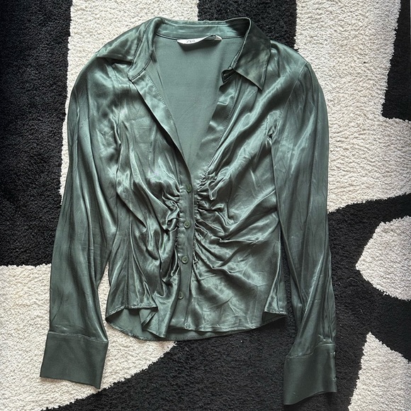 Zara | Tops | Zara Ruched Satin Effect Shirt In Emerald Green | Poshmark